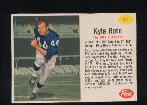 1962 Post Cereal Football Kyle Rote # 27 Set Break | eBay