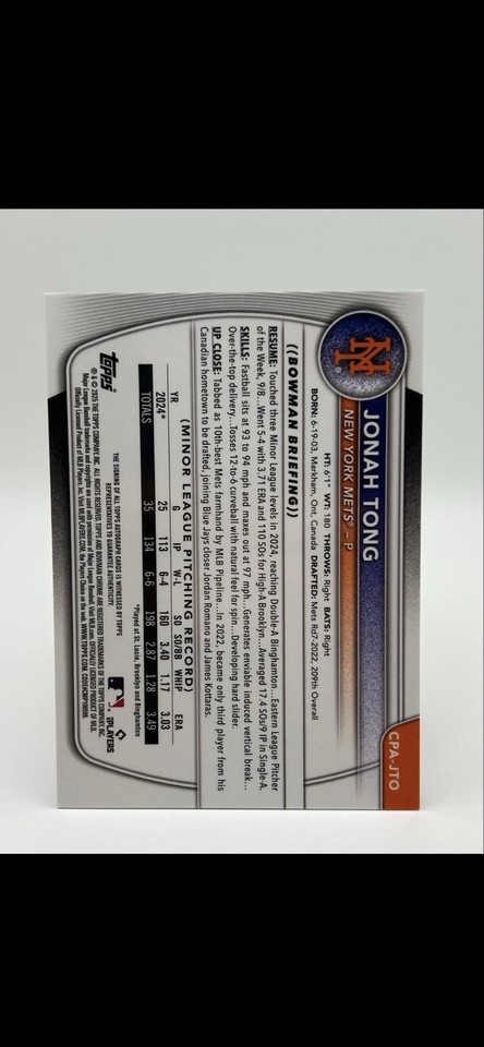 2025 Bowman Jonah Tong 1st Chrome Auto True Blue Refractor /150 New ...