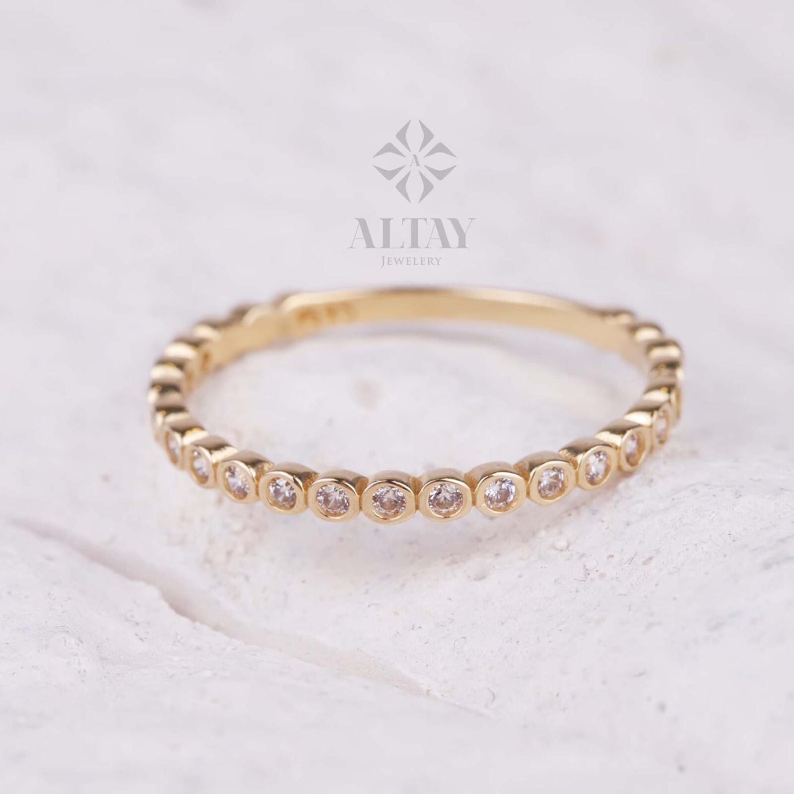 14K Gold Bezel Dot Ring, 2mm Beaded Gold Ring, Half Eternity Band Ring ...