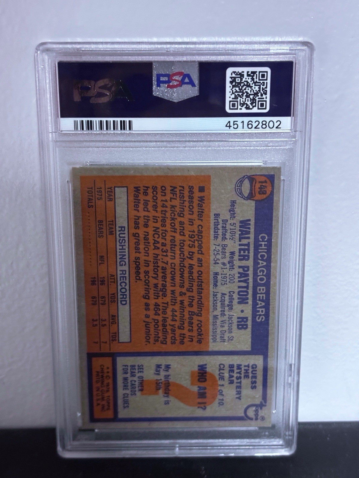 1976 Topps Football #148 Walter Payton Chicago Bears RC Rookie HOF PSA ...