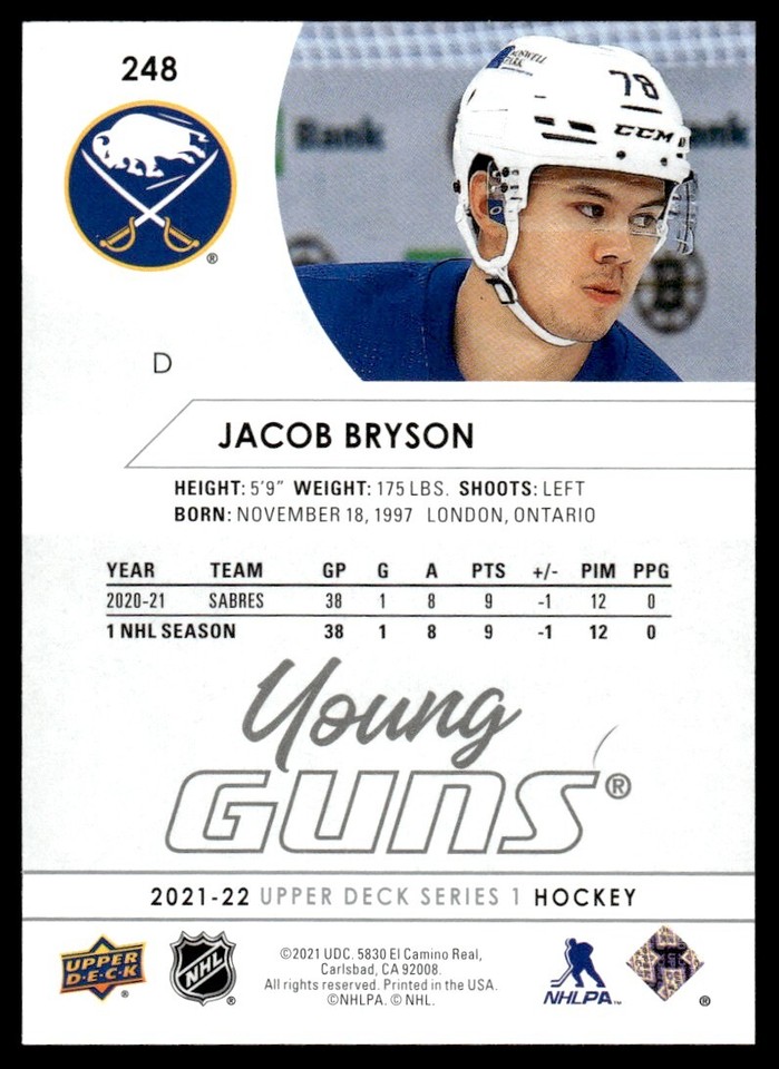 2021-22 UPPER DECK YOUNG GUNS Jacob Bryson Rookie Buffalo Sabres #248 ...