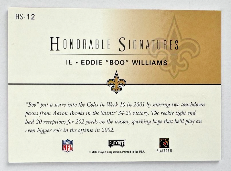 Eddie "Boo" Williams 2002 Playoff Honors Honorable Signatures AUTO #HS ...