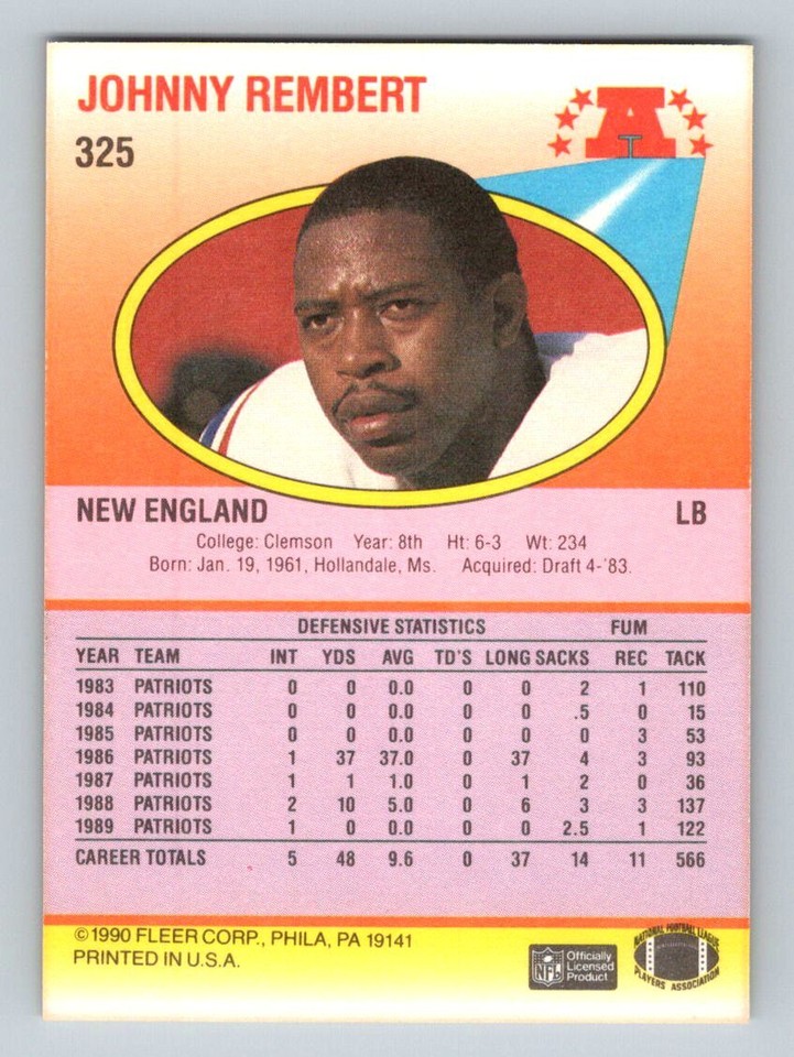 1990 Fleer #325 Johnny Rembert New England Patriots Football Card | eBay