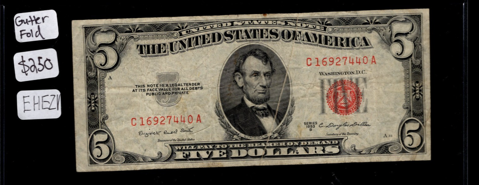 Gutter Fold Error Five Dollar Legal Tender 1953 B Printing Error | eBay