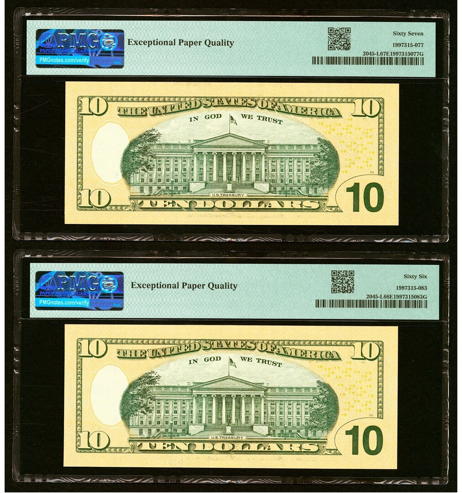2017 A $10 FRN Set of Two Notes Radar Repeater 43999934 43994399 PMG ...