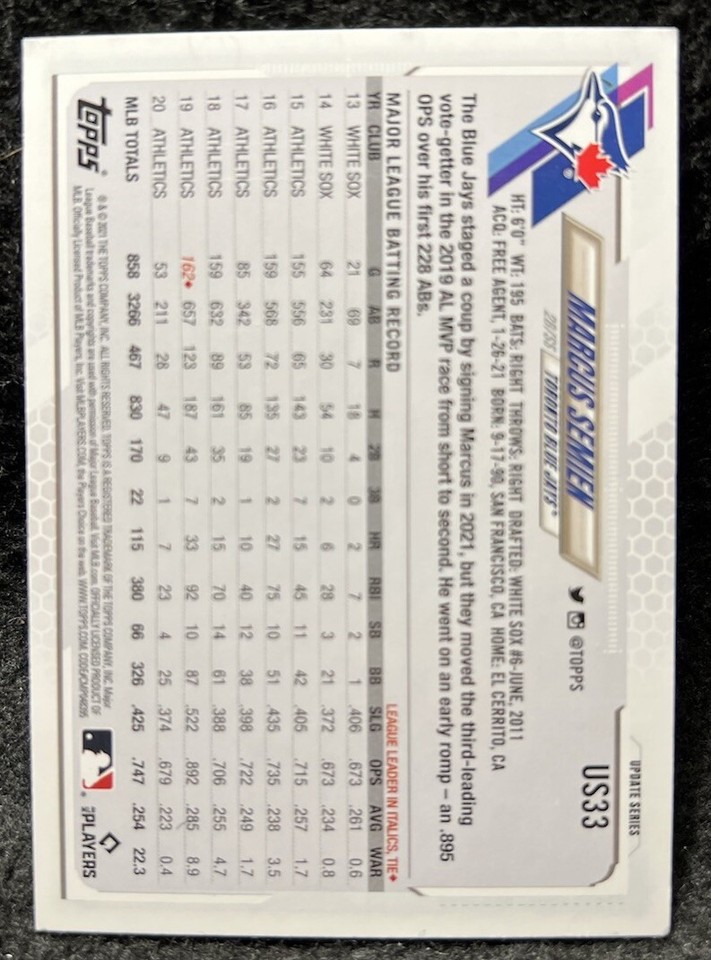 2021 Topps Update Series - Marcus Semien - #Us33 - Blue Jays | eBay