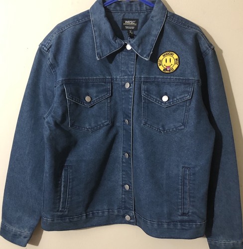 WeSC Mens Denim Jean Jacket Hardcore Happiness Dark Wash Blue Sz S New ...