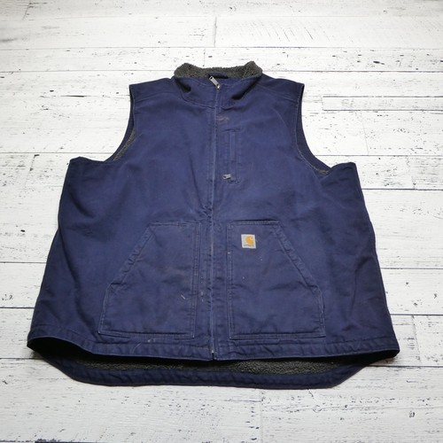 Carhartt Vest Mens 2XLT Blue Canvas Sherpa Lined Sleeveless Work Jacket ...