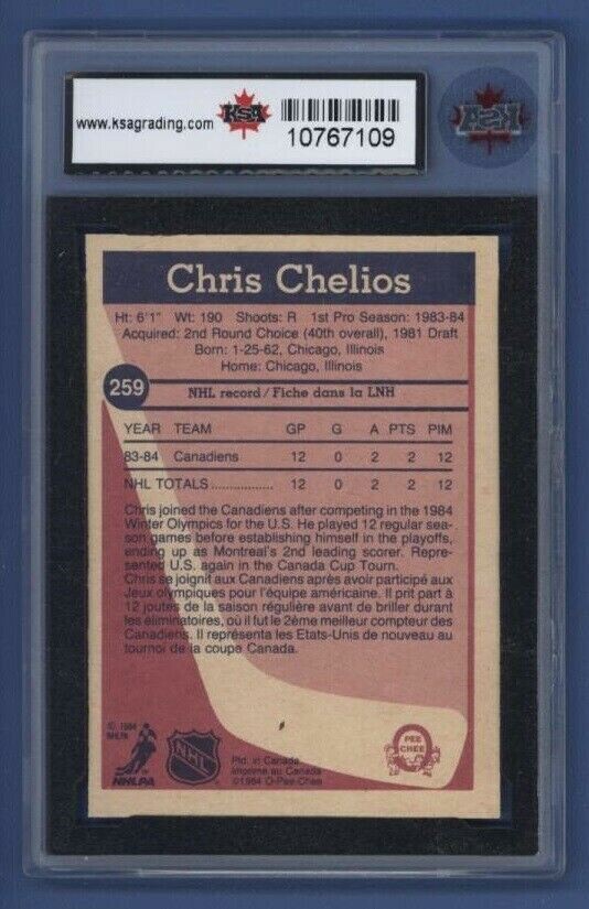 1984-85 OPC #259 CHRIS CHELIOS (rc) KSA 8.5 NMM+ Montreal Canadiens HOF ...