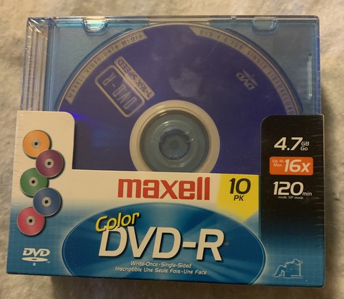 Maxell DVD-R Color 10 Pk Media Discs 4.7 GB 120 Min Up To 16X w/Jewel ...