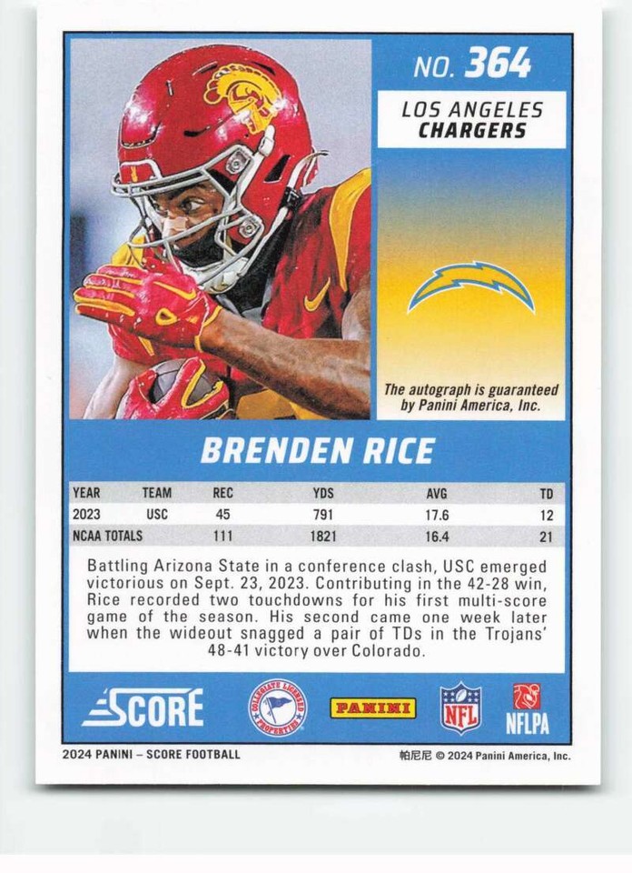 2024 Score Signatures #364 Brenden Rice NM-MT RC Rookie Auto Los ...