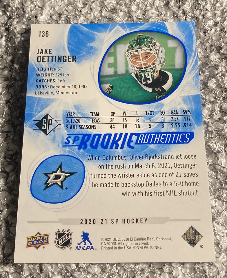 2020-21 Upper Deck SP Rookie Authentics Blue Jake Oettinger #136 RC ...