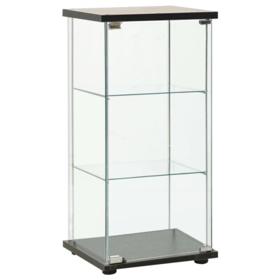 Small Glass Display Cabinet 3 Shelves Door Black MDF Base Top Narrow ...