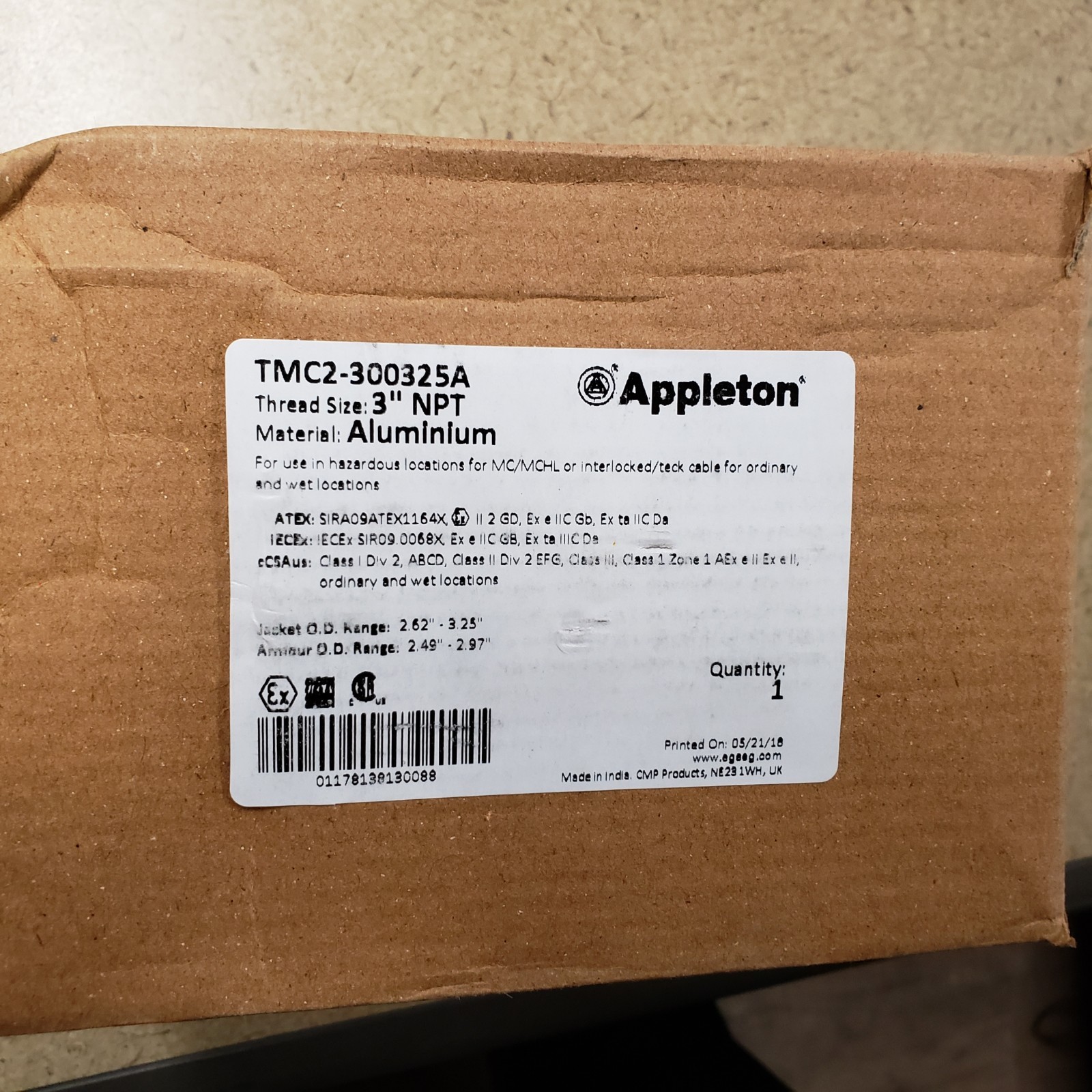 Appleton TMC2-300325A TMC2 Connector, 3", Class I, Division, Aluminum ...