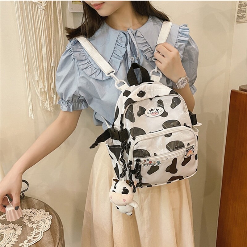 Cute Cow Backpack with Pendants Small Casual Daypack Shopping Travel ...