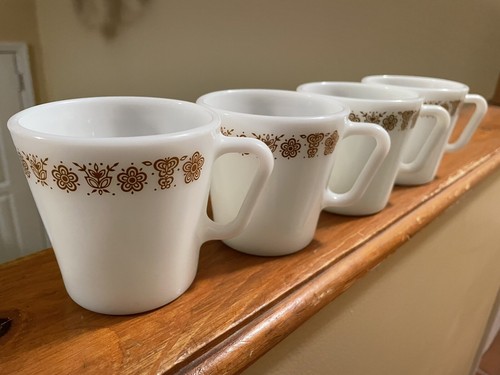 4 Vintage Pyrex Butterfly Gold Coffee Mug Cup Milk Glass D Handle ...