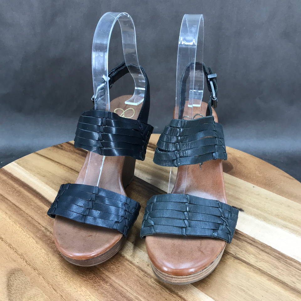 Jessica Simpson Black Leather Adjustable Slingback Platform Wedges ...