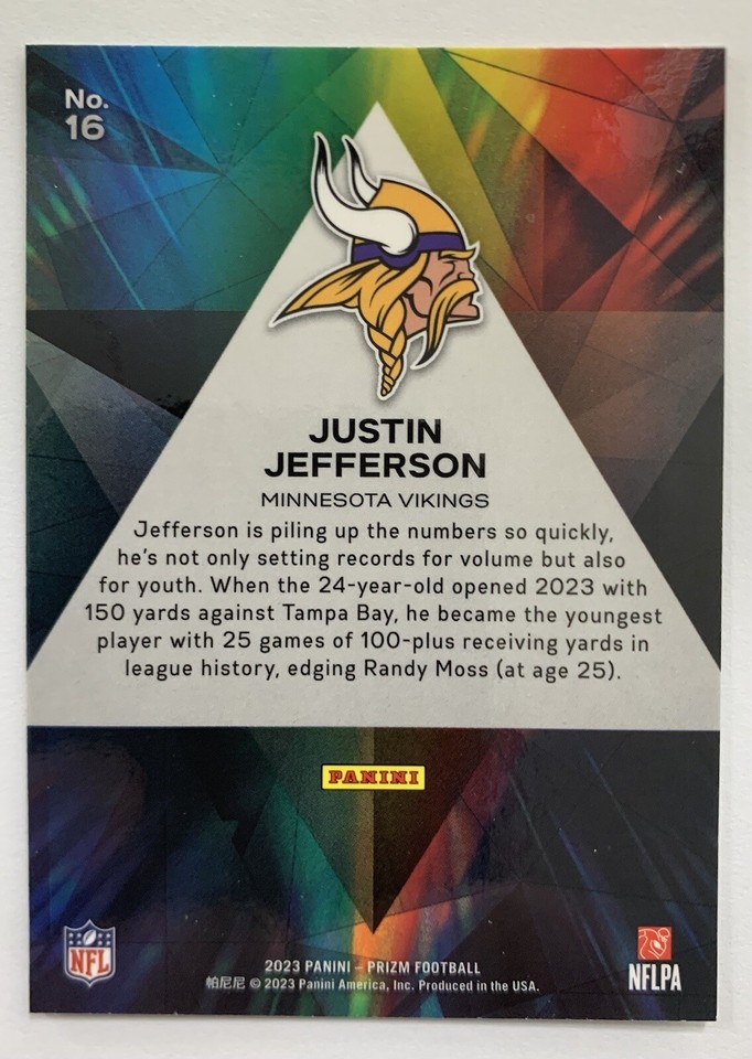 2023 Panini Prizm Football Card Prizmatic Insert #16 Justin Jefferson ...