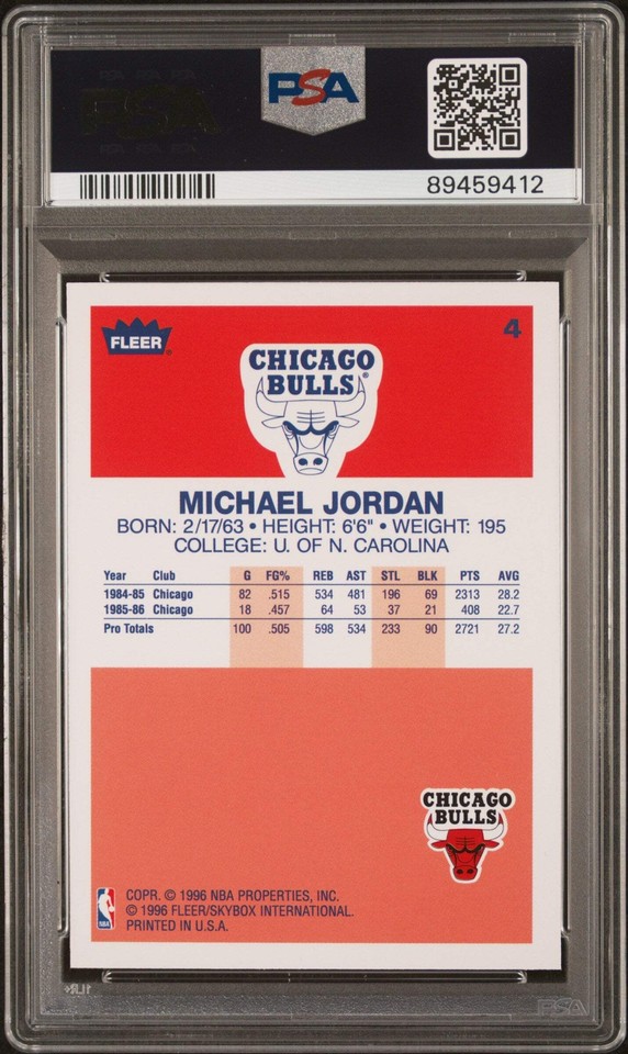 Graded 1996 Fleer Michael Jordan #4 DOE Rookie Reprint Card PSA 9 Mint ...