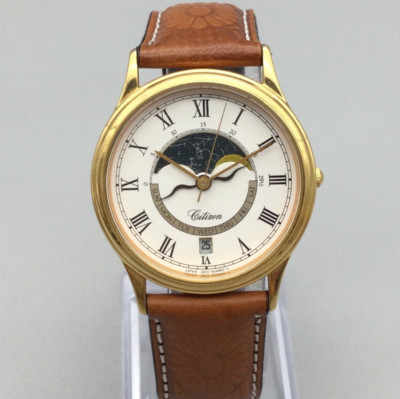 Vtg Citizen Moon Phase Watch Men 33mm Gold Tone Date 2870-268393 New ...