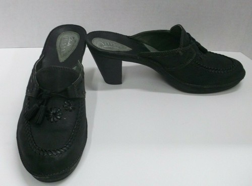 Clarks Ariana Mule Clog Heel 7M Black Top Stitch Tassle Leather Upper ...