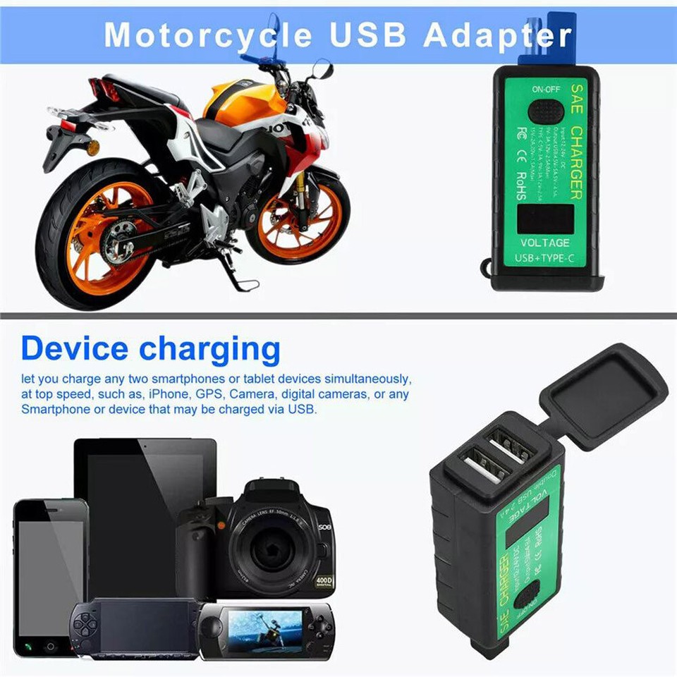 US Waterproof Motorcycle SAE To Dual USB Charger Port Voltmeter Adapter ...
