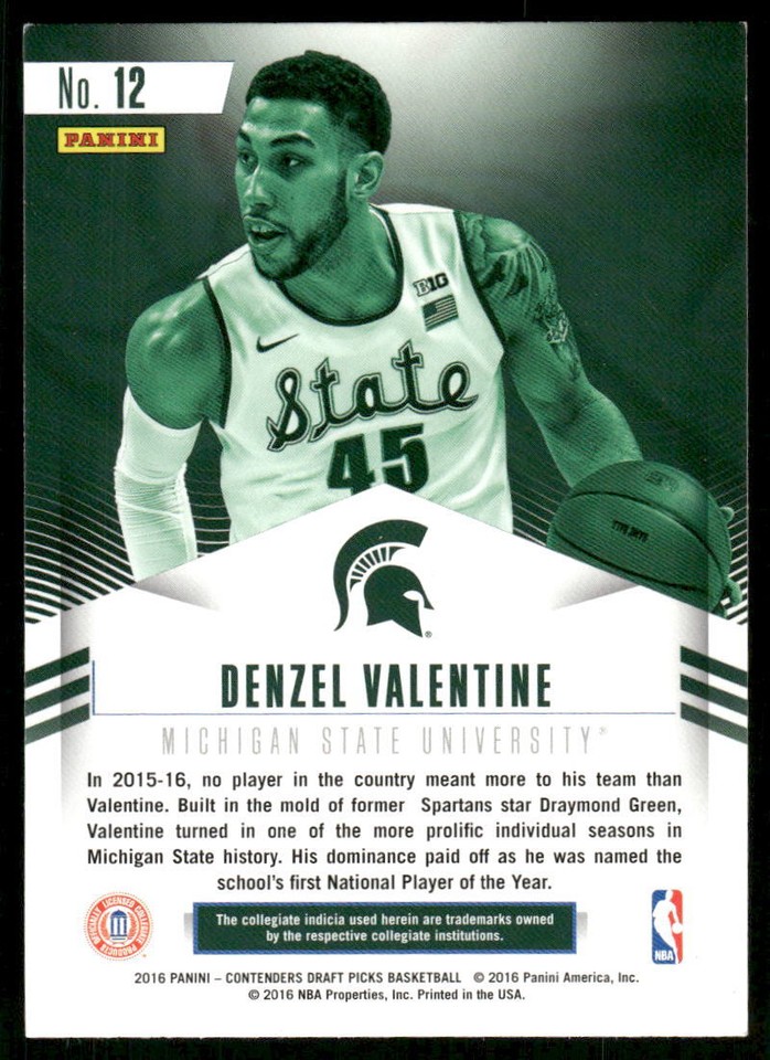2016 Panini Contenders Draft Picks #12 Denzel Valentine Class Reunion ...