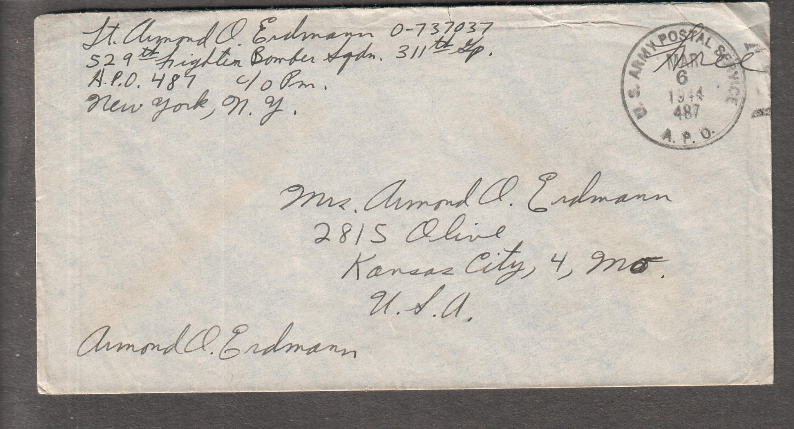 Mar 1944 WWII censor cover Lt Armond U Erdmann 529 Fighter Sqdn APO 487 ...