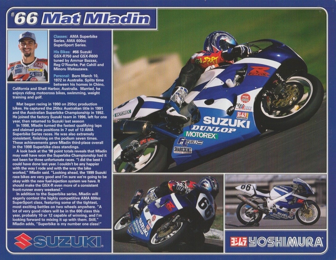 1999 Mat Mladin Yoshimura Team Suzuki GSX-R750 AMA Superbike postcard ...