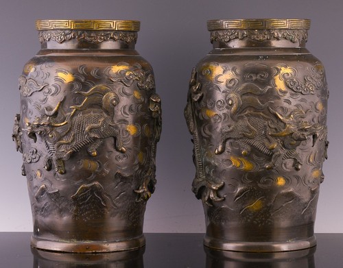 PAIR ANTIQUE 19THC JAPANESE MEIJI DRAGON FU LION EMBOSSED BRONZE VASES ...