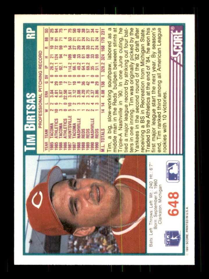 1991 Baseball Score Tim Birtsas Cincinnati Reds #648 | eBay