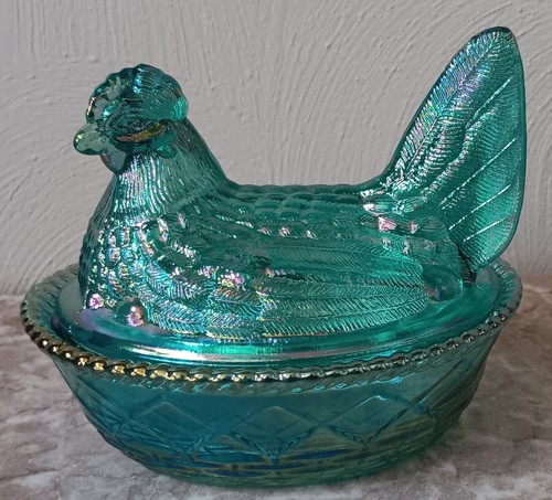 Chicken Hen on Nest Covered Dish - Teal Carnival Glass - Westmoreland ...