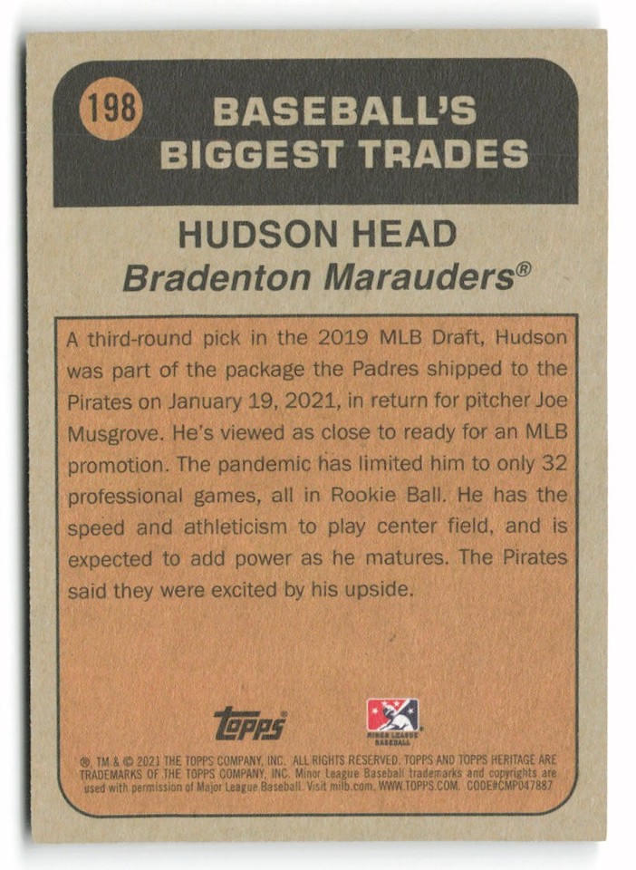 2021 Topps Heritage Minor League #198 Hudson Head Bradenton Marauders ...