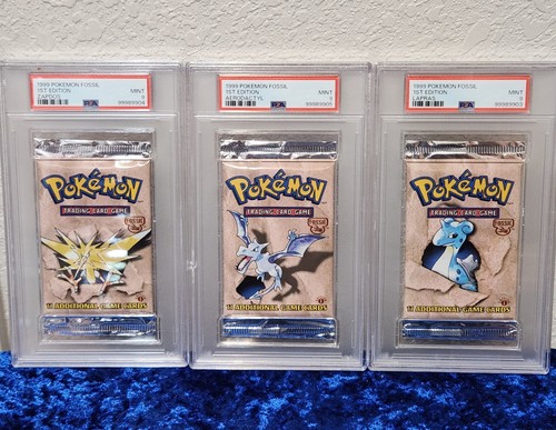 Lot (3) 1999 Pokemon Fossil 1st Edition Foil Pack PSA 9 Art Set ~ Seq ...