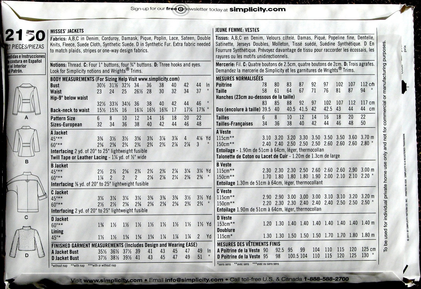Simplicity 2150 H5 - Misses’ Jackets - Sewing Pattern - Sizes 6 - 14 | eBay