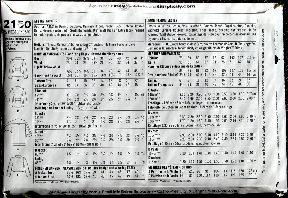 Simplicity 2150 H5 - Misses’ Jackets - Sewing Pattern - Sizes 6 - 14 | eBay