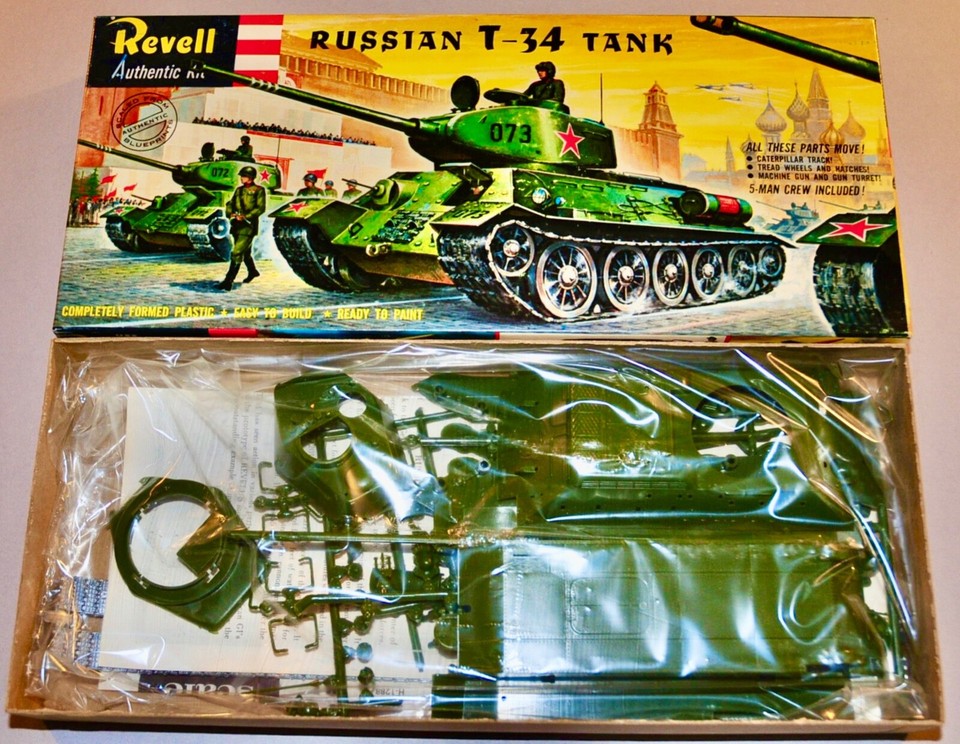 ORIGINAL REVELL "S" KIT NO. H-538:129 RUSSIAN T-34 TANK MODEL KIT 1958 ...