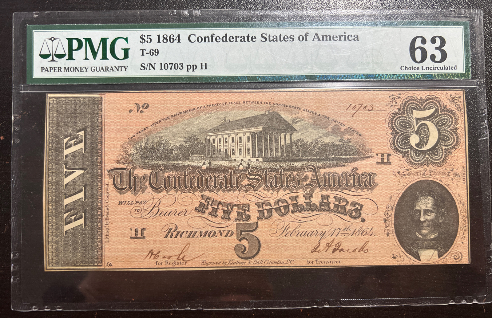 1864 $5 DOLLAR CONFEDERATE STATES OF AMERICA NOTE T-69 PMG 63 Choice ...