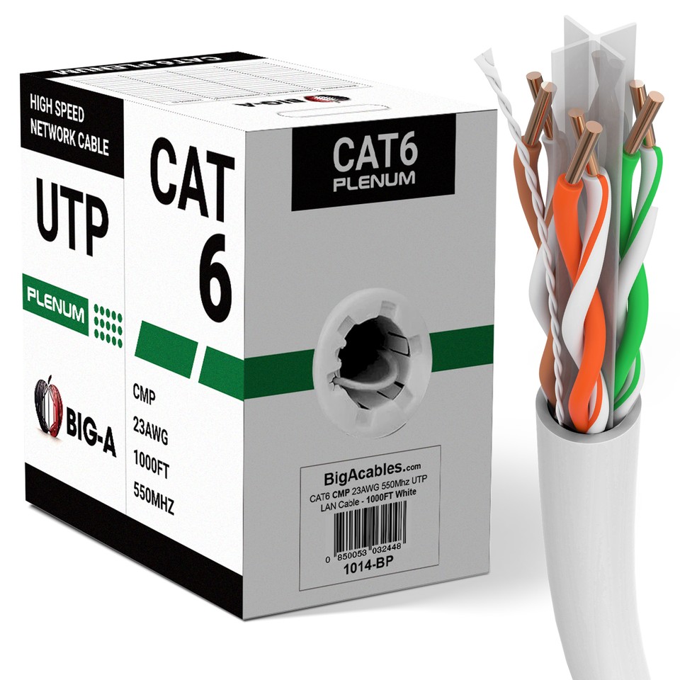 Cat6 Plenum Ethernet Cable 1000ft CMP 23AWG 550MHz Solid 10 Gigabit ...