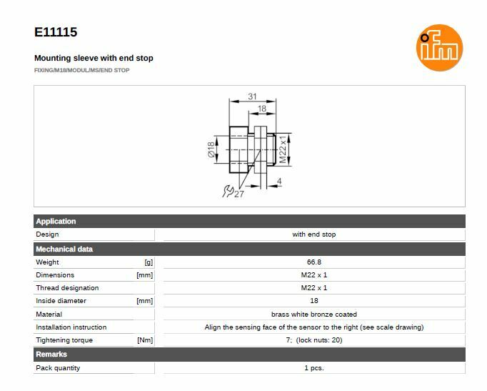 IFM E11115, 18MM ID, Sensor Mounting Sleeve w/End Stop M22 X 1 Choose ...