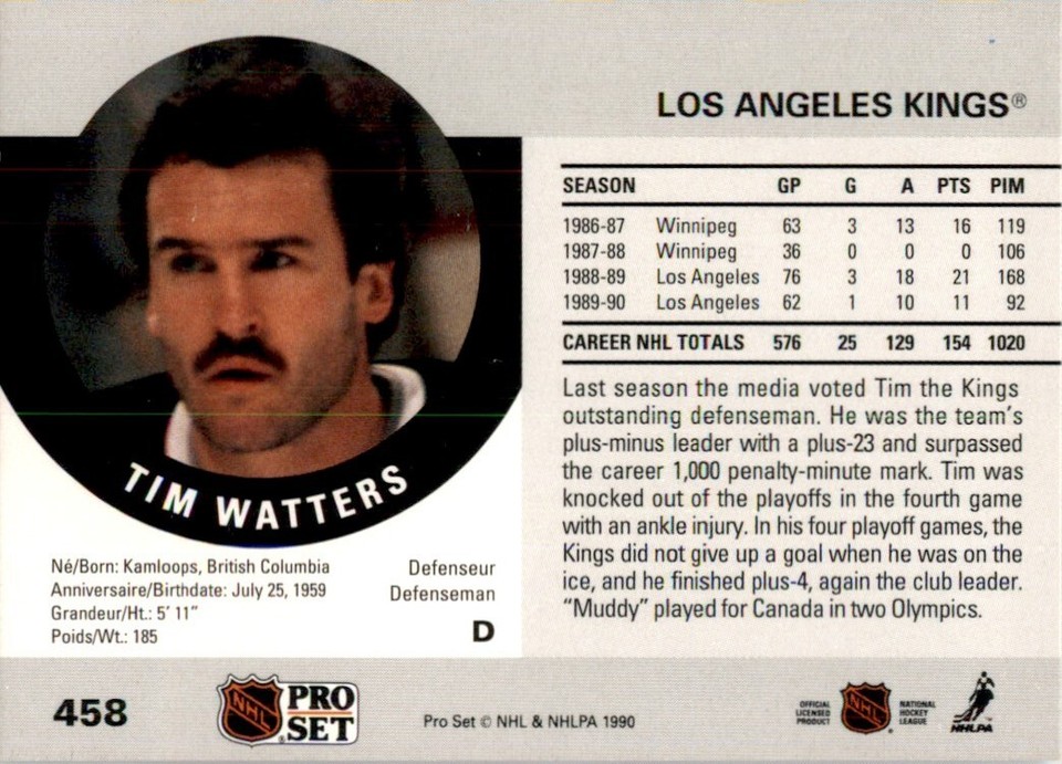 1990-91 Pro Set Tim Watters Los Angeles Kings #458 NHL Hockey Sports ...
