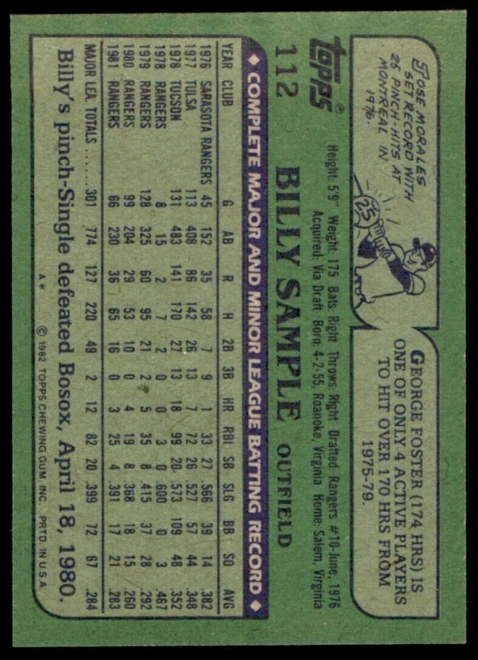 1982 TOPPS BILLY SAMPLE . TEXAS RANGERS #112 | eBay
