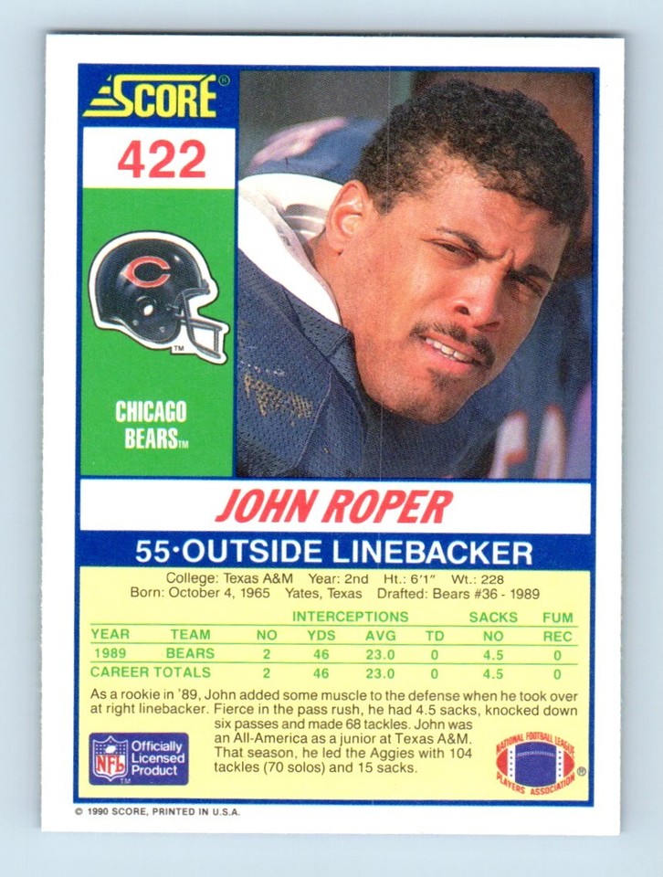 1990 Score John Roper Rookie Chicago Bears #422 | eBay