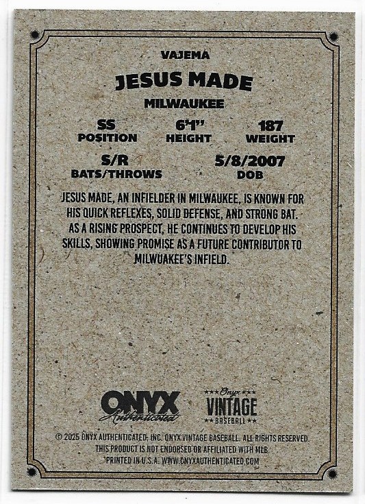2025 Onyx Vintage Baseball Jesus Made Rookie On-Card Auto Brewers SS ...