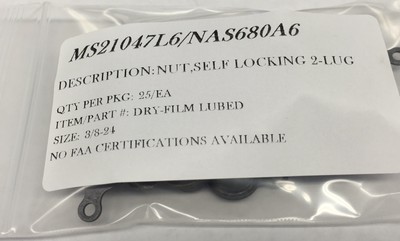 MS21047L6 NAS680A6 NUT 2 LUG STEEL DRY FILM SIZE 3/8-24 25/EA PACKAGE ...