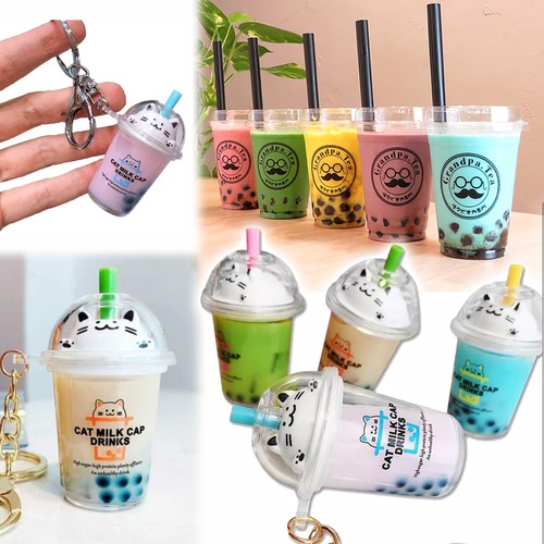 Boba Milk Tea Keychain Cat Milk Cap Series (Moving Liquid and Boba) | eBay