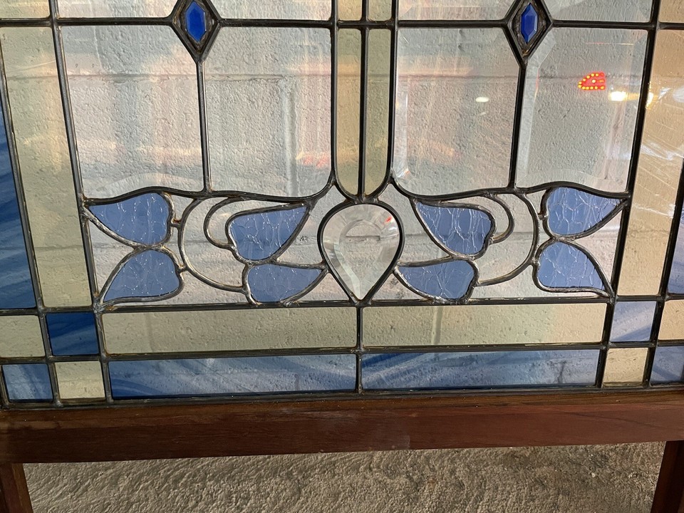 Vintage Stained Glass Panels Wood Frame(Clear/Blue Leaf) Door/Window ...
