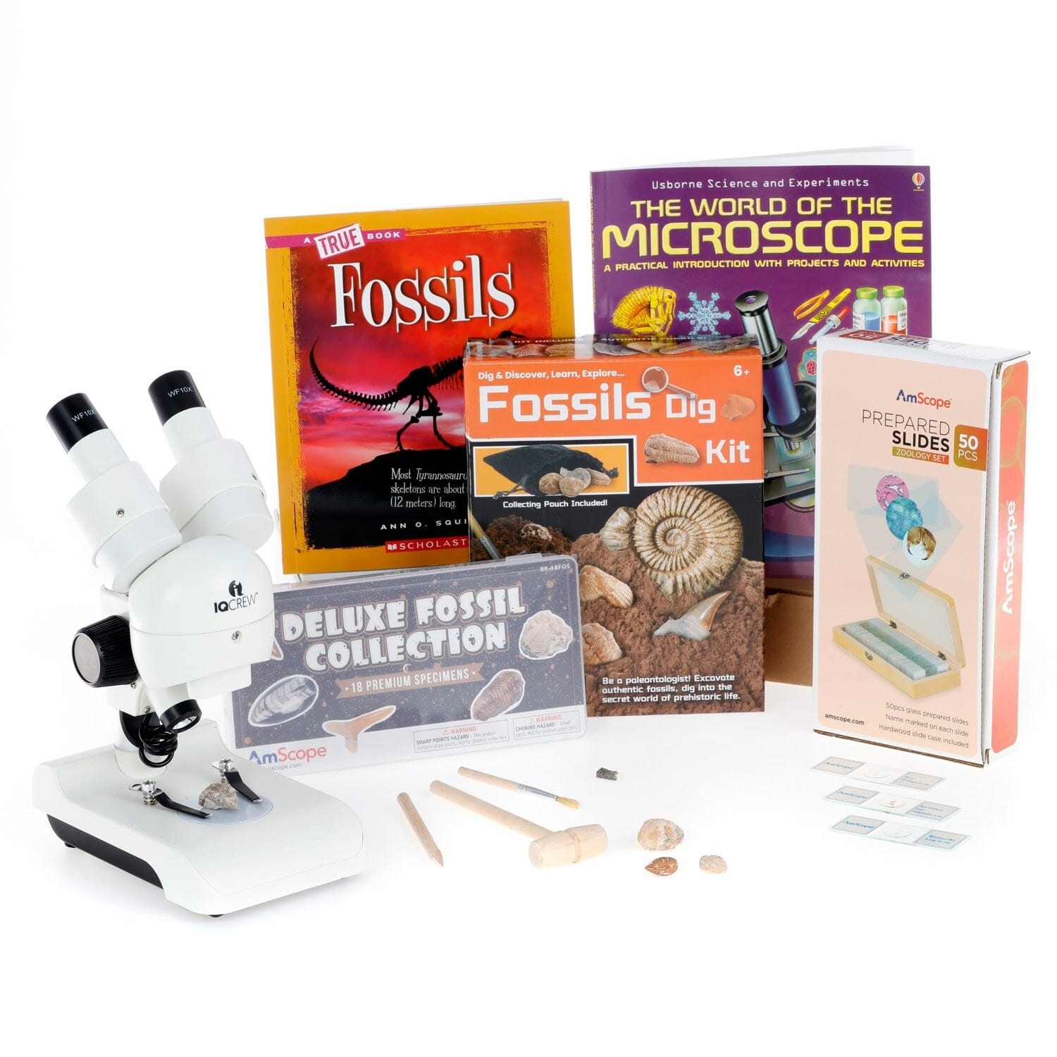 Fossil Adventurer Kit–30X Stereo Microscope, 18pc Fossils+Dig Kit ...