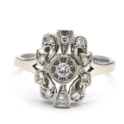 VINTAGE DECO STYLE DIAMOND FANCY FILIGREE 14K WHITE GOLD SHIELD RING ...