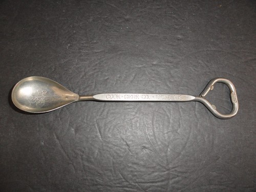 Vintage Advertising Spoon Bottle Opener Cook Geer Co Racing WIS 8" Long ...